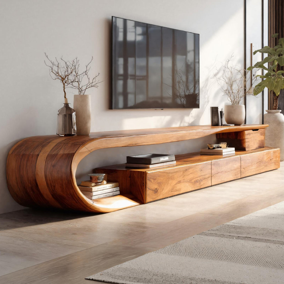 Modern Curved TV Console With Drawer For Living Room – ET Woodcrafts