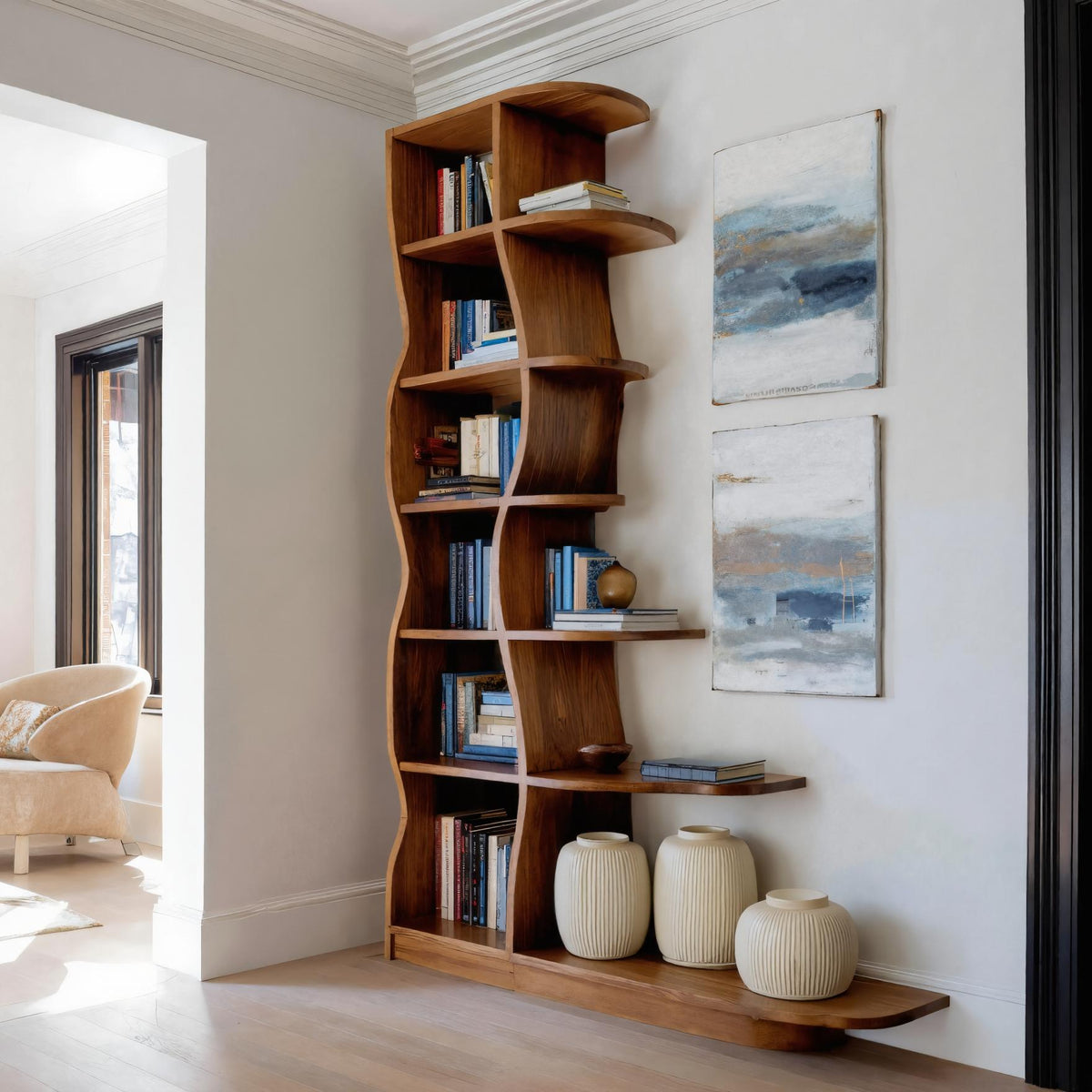 Modern Bookshelf With Wavy Design For Living Room – ET Woodcrafts