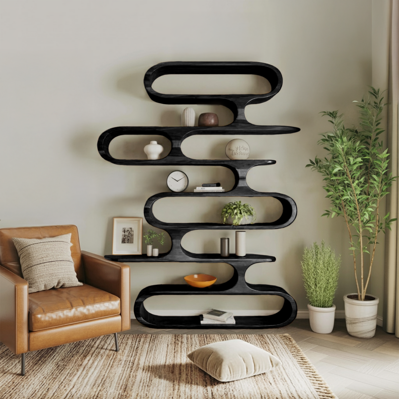 Mid Century Modern Wall Shelf With Flowing Shape For Living Room And O ...