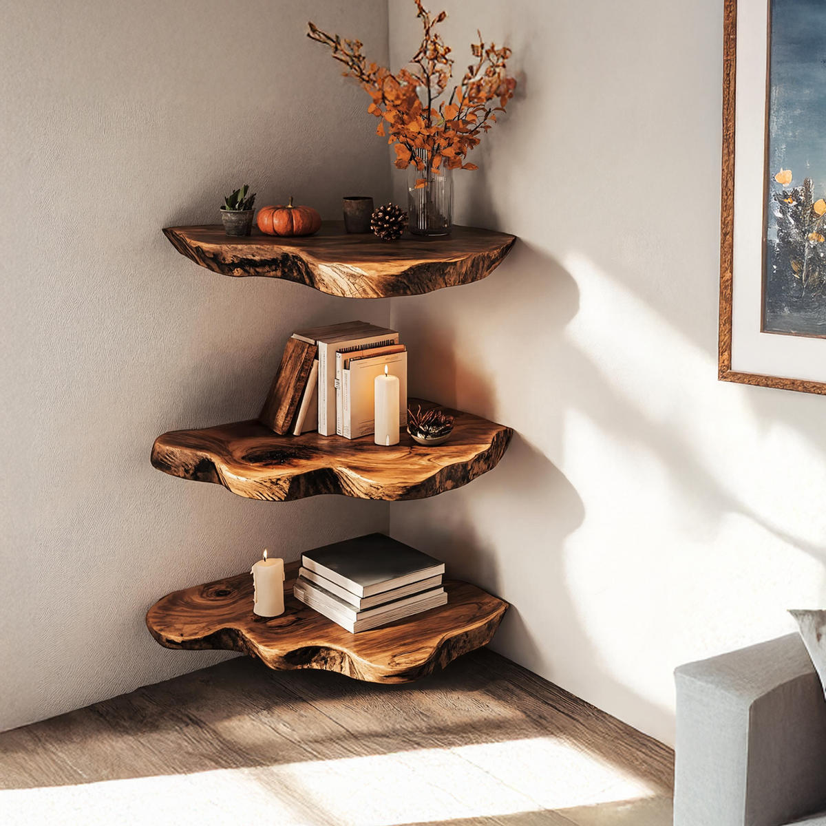Handcrafted Wooden Live Edge Corner Shelf For Furniture Decor – ET ...
