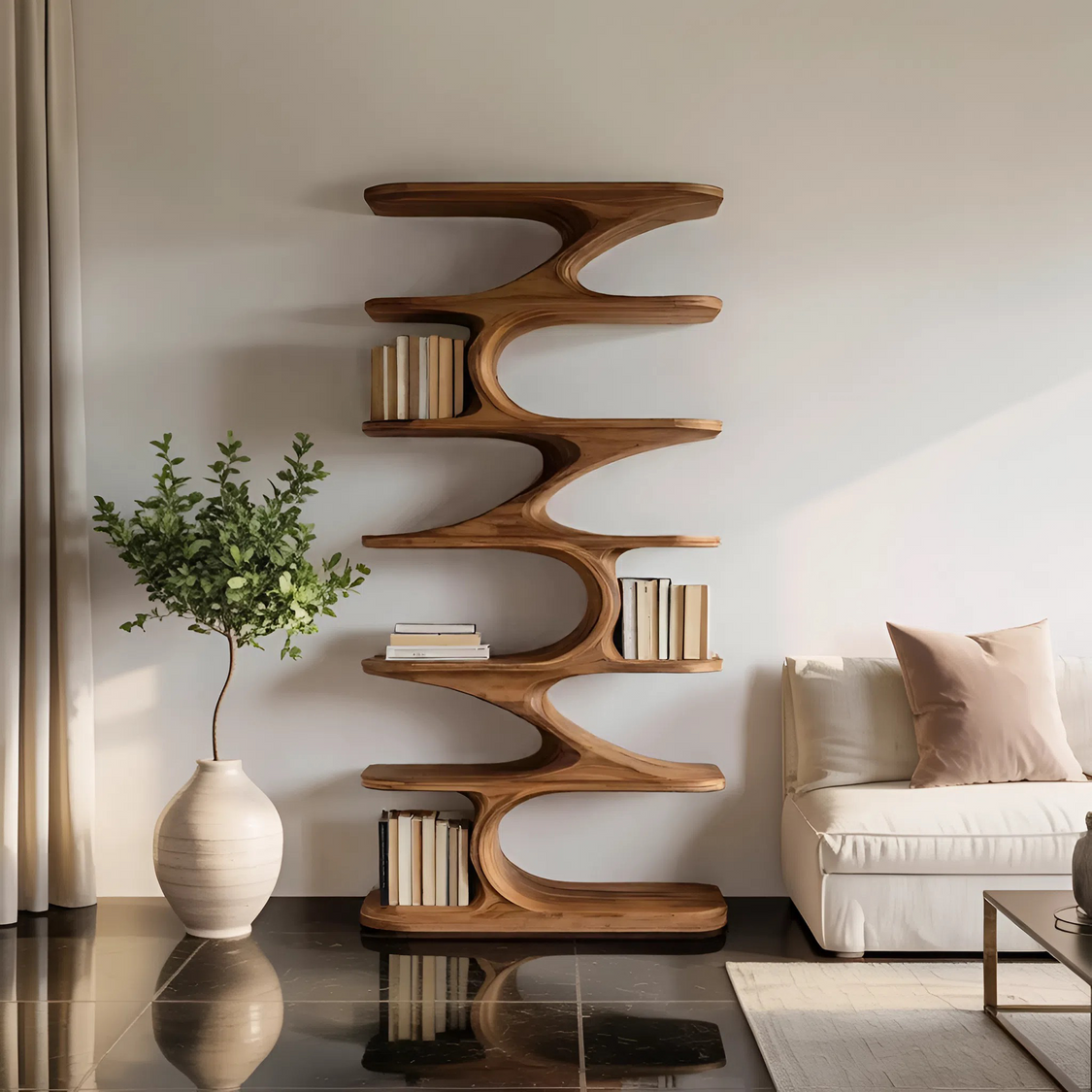 Modern Organic Curved Bookshelf For Living Room – ET Woodcrafts