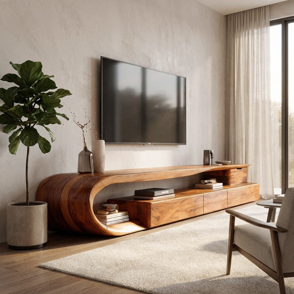 Modern Curved TV Console With Drawer For Living Room – ET Woodcrafts