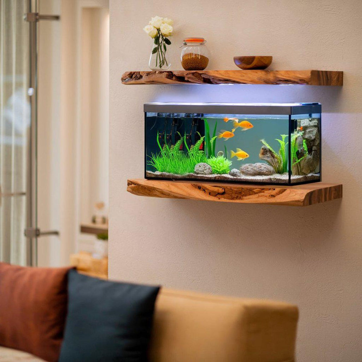 Cozy Living Room Rustic Floating Shelf For Aquarium – ET Woodcrafts
