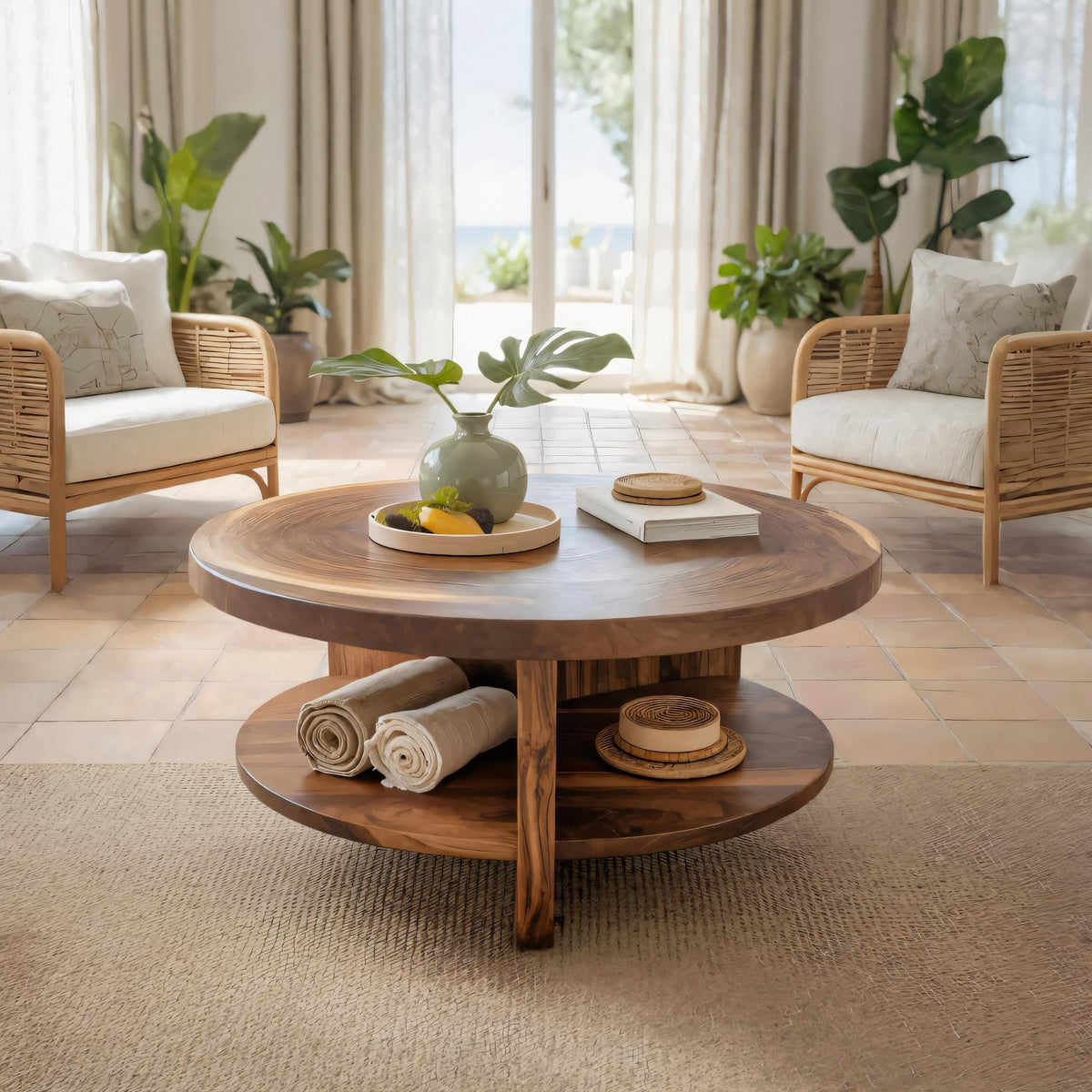 Tropical Round Coffee Table With Shelf For Coastal Living Room And Lou ...